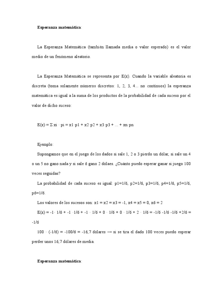 Esperanza Matemática | PDF | Valor esperado | Variable aleatoria