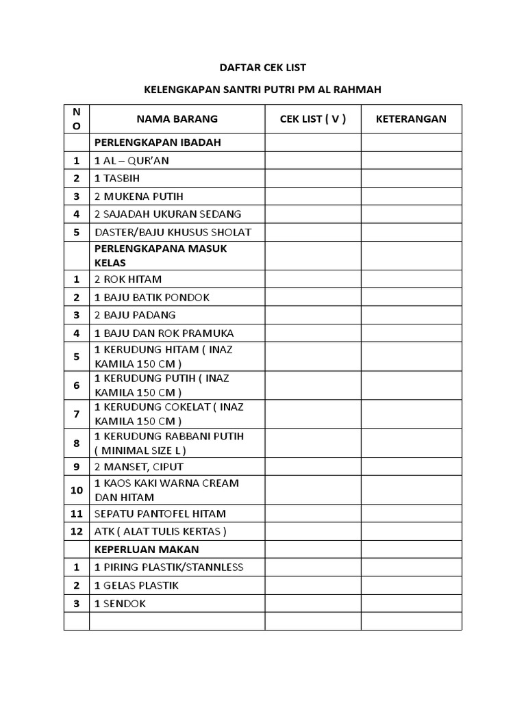 Daftar Cek List Keperluan Santri Putri PM Al Rahmah | PDF
