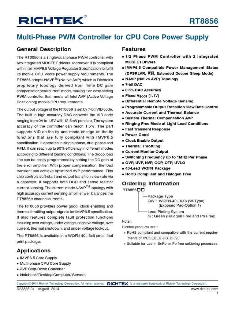 Multi-Phase PWM Controller For CPU Core Power Supply: Features General ...