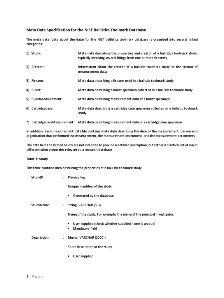 NIST Ballistics Toolmark Database Meta Data Glossary 2 | PDF | Metadata ...