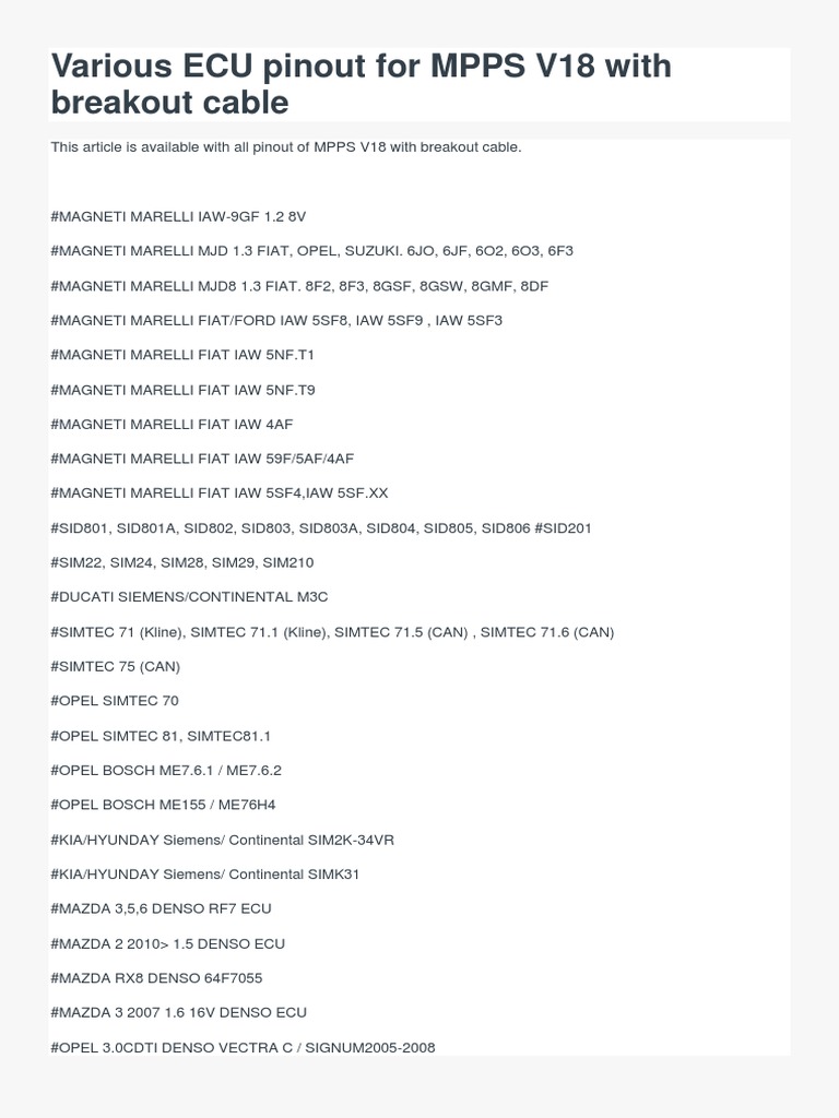 Various ECU Pinout For MPPS V18 With Breakout Cable - OBDexpress - Co ...