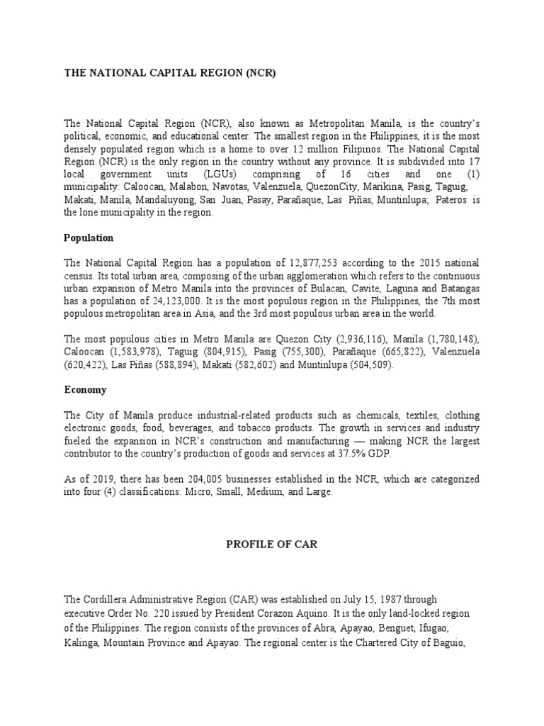 The National Capital Region (NCR) : Population | PDF