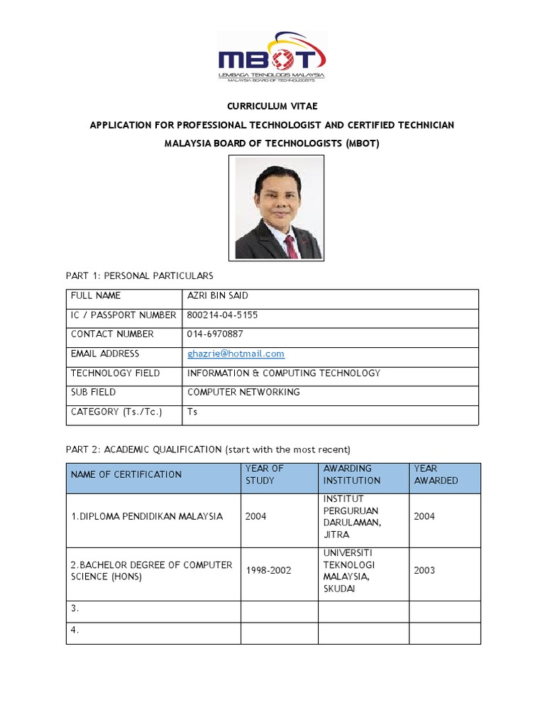 MBOT PROFESSIONAL CURRICULUM VITAE v1 (TS) | PDF