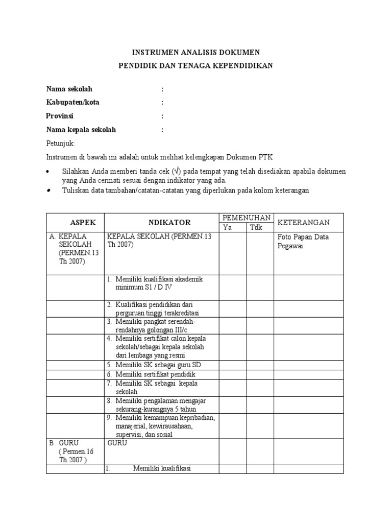 Instrumen Analisis Dokumen PTK | PDF