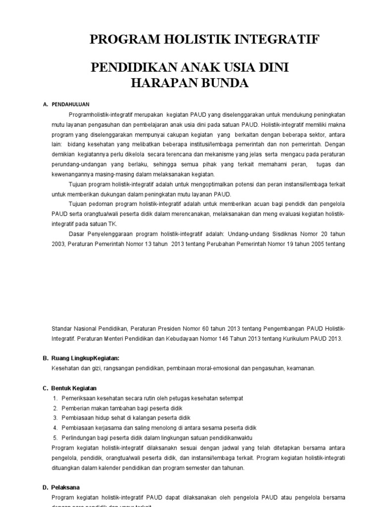 Program Holistik PAUD Harapan Bunda | PDF | Kesehatan Holistik