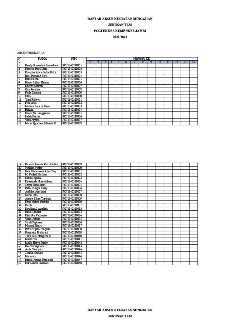 Daftar Absen Kegiatan Mingguan | PDF