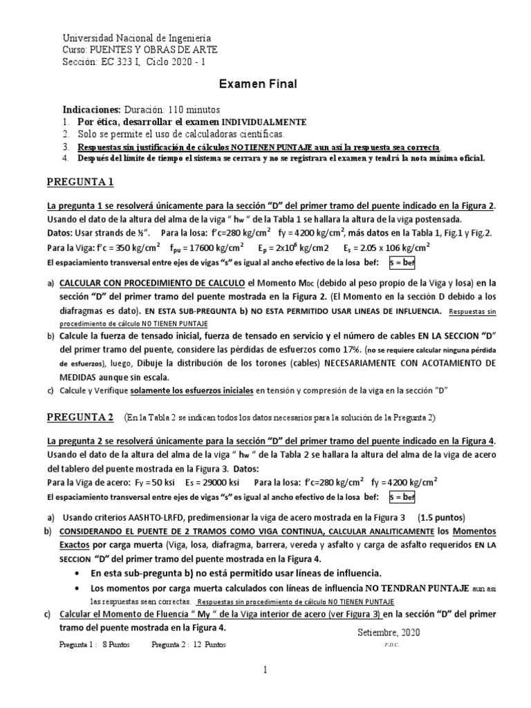 01 Examen Final Puentes EC323I 2020 | PDF