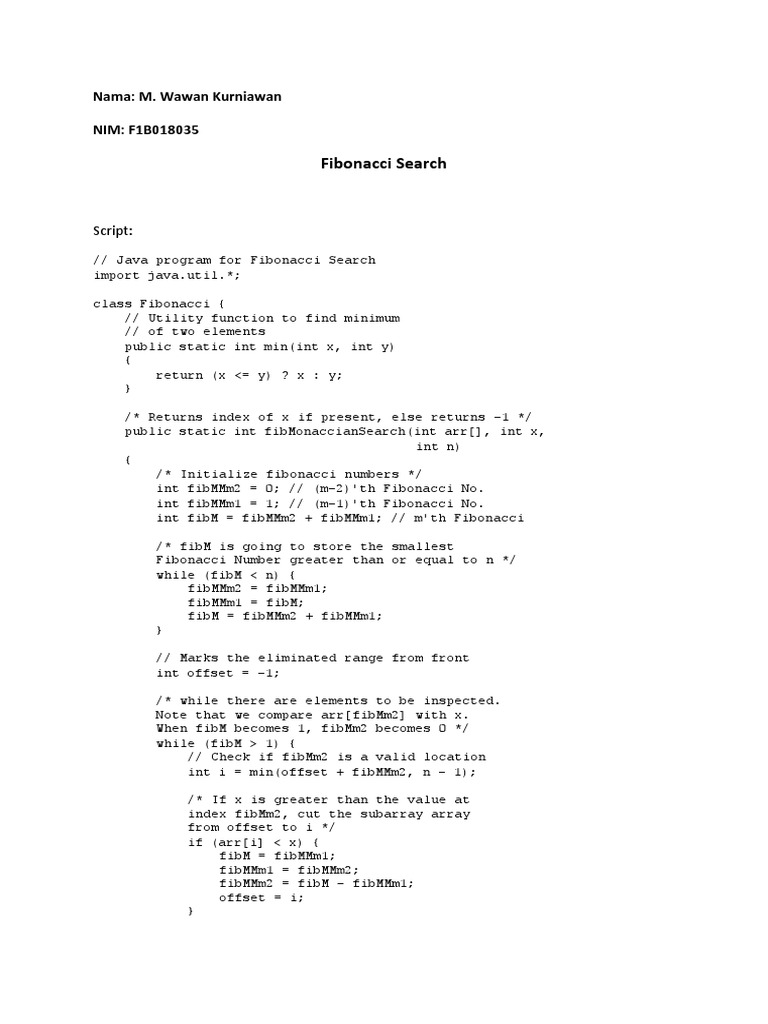 Fibonacci Search: Nama: M. Wawan Kurniawan NIM: F1B018035 | PDF | Array ...