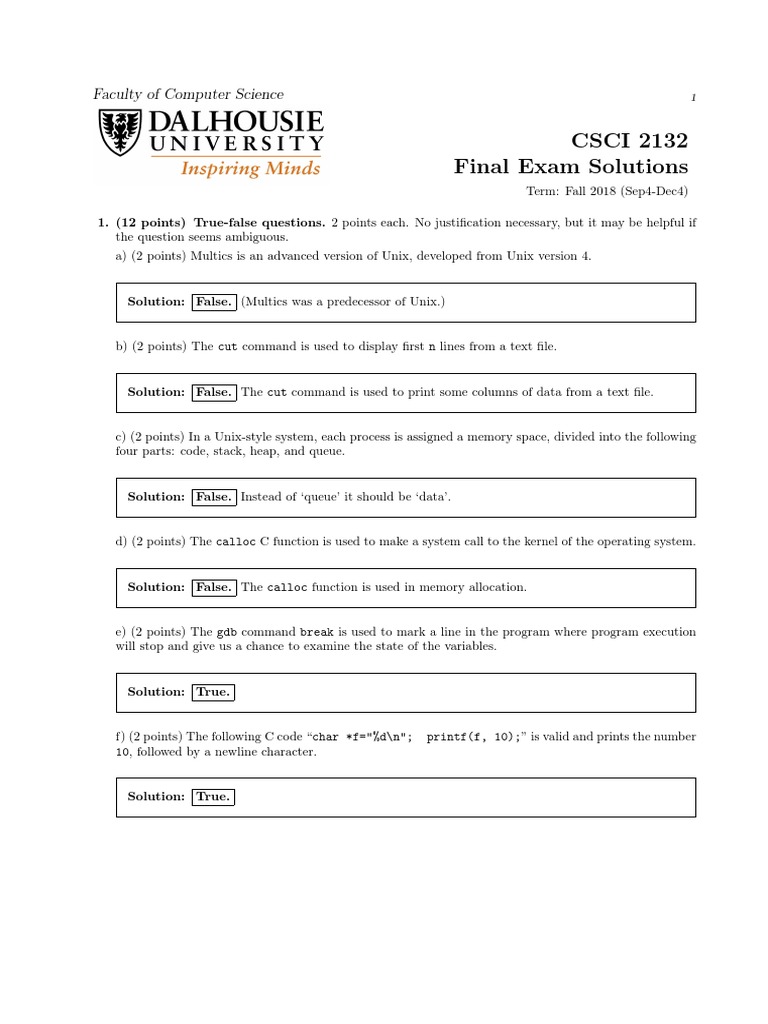 CSCI 2132 Final Exam Solutions: Faculty of Computer Science | PDF | Pointer (Computer ...