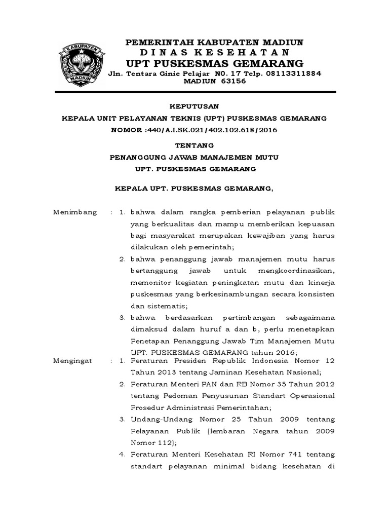 SK - Penetapan Tim Manajemen Mutu | PDF