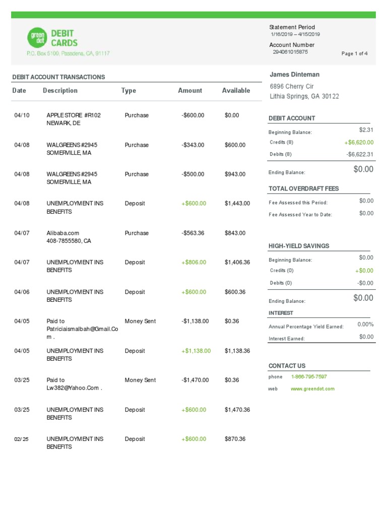 Monthly Bank Statement Showing Unemployment Benefits Deposits and ...