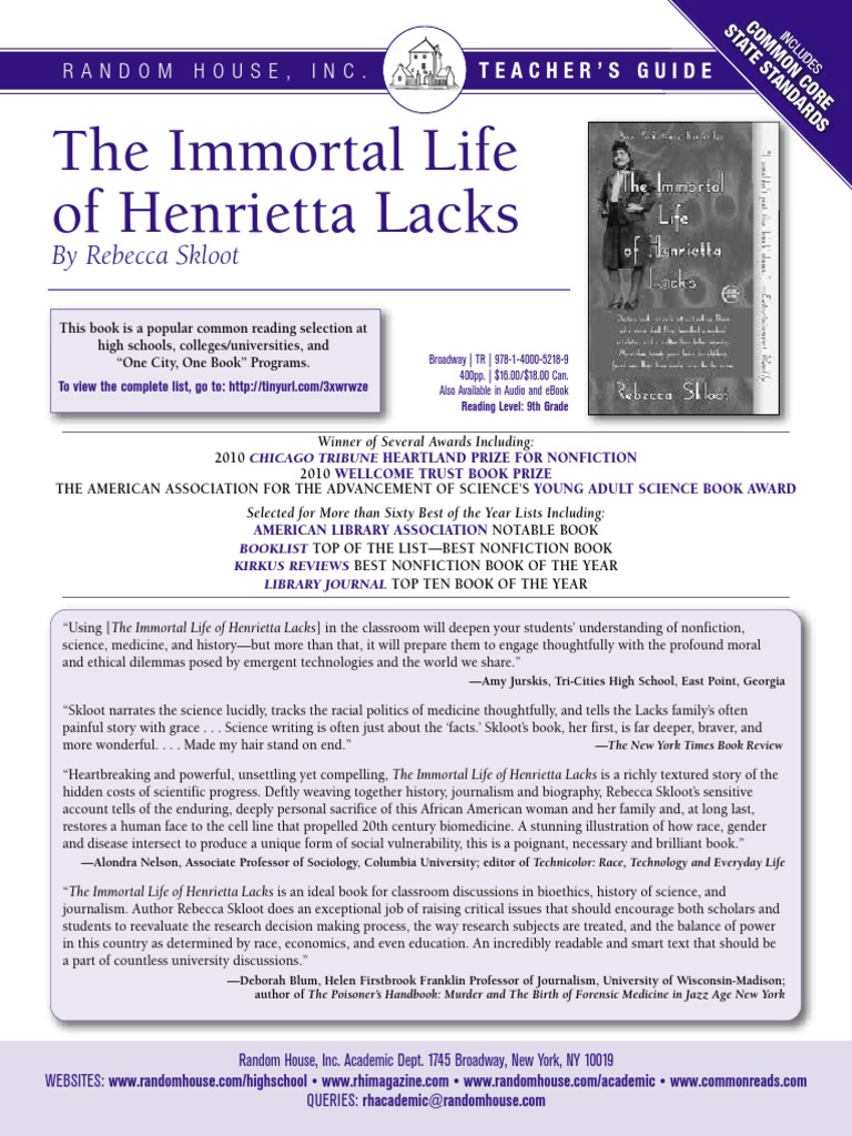 Teacher's Guide: THE IMMORTAL LIFE OF HENRIETTA LACKS by Rebecca Skloot ...