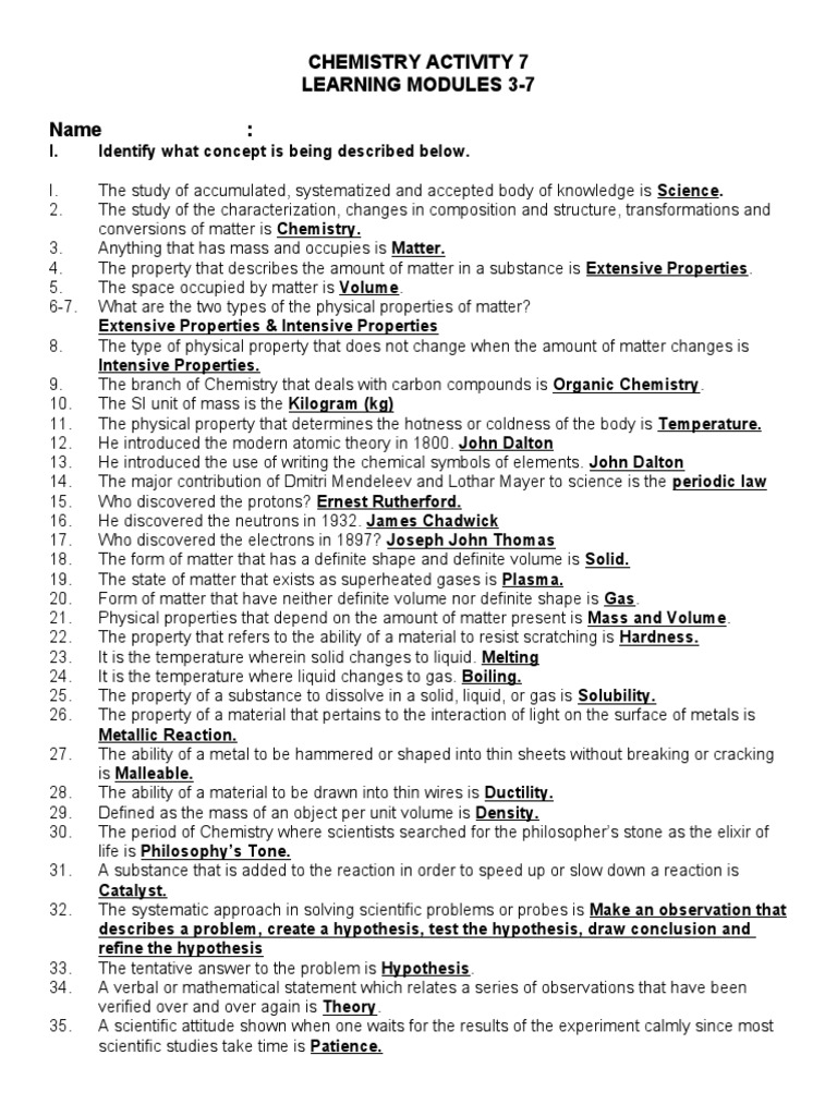 Chemistry Activity 7 Lessons 3 7 | PDF | Chemistry | Matter