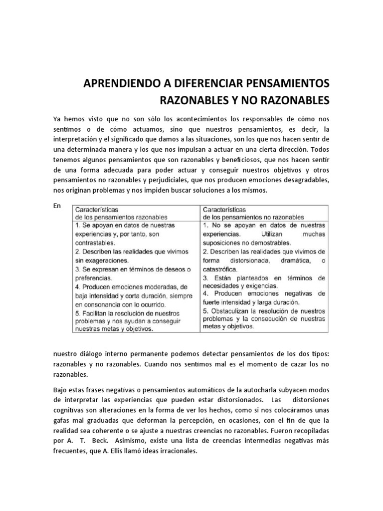 Aprendiendo A Diferenciar Pensamientos Razonables y No Razonables | PDF ...