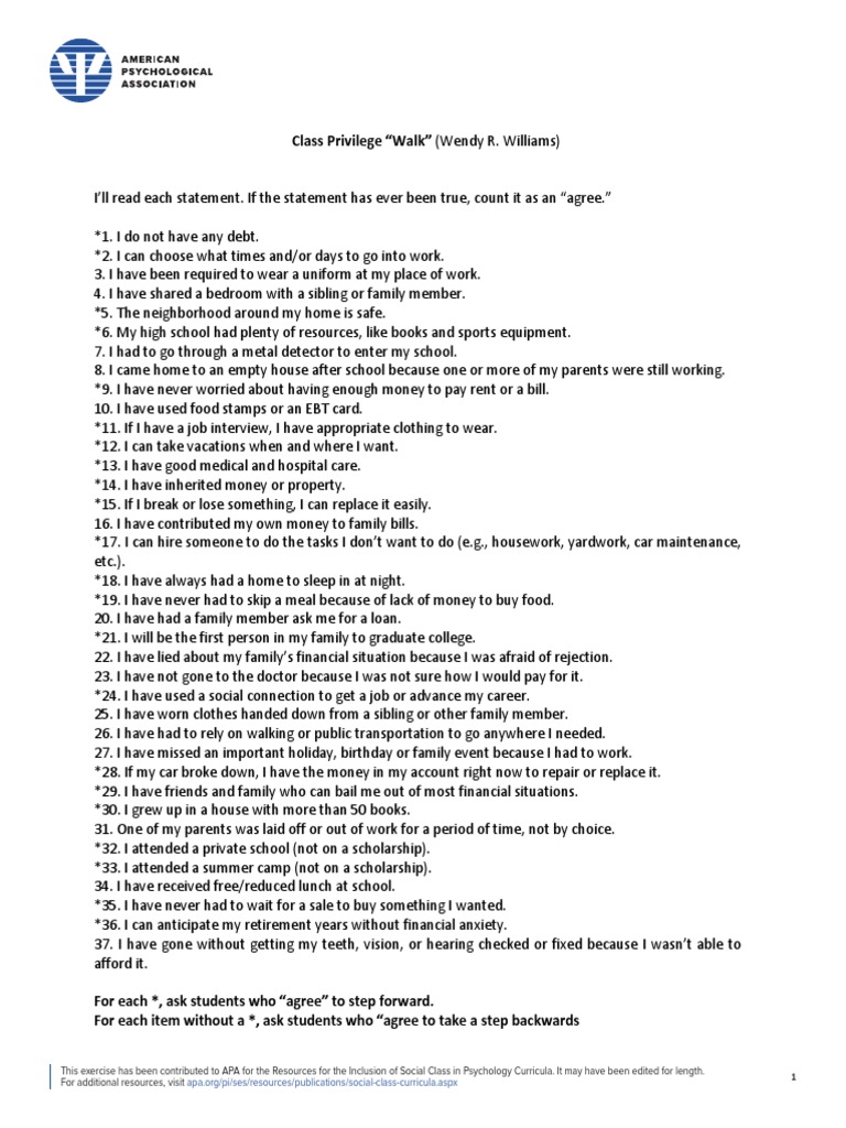 Class Privilege "Walk" (Wendy R. Williams) | PDF | Social Exclusion