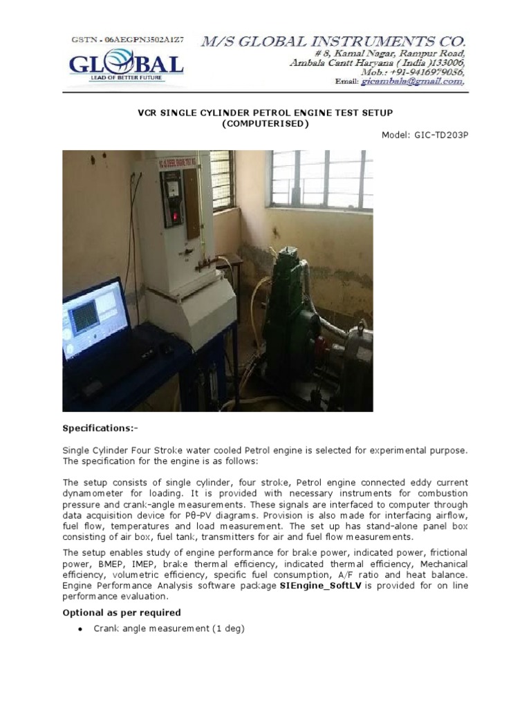 VCR Single Cylinder Petrol Engine Test Setup (Computerised) | Download ...