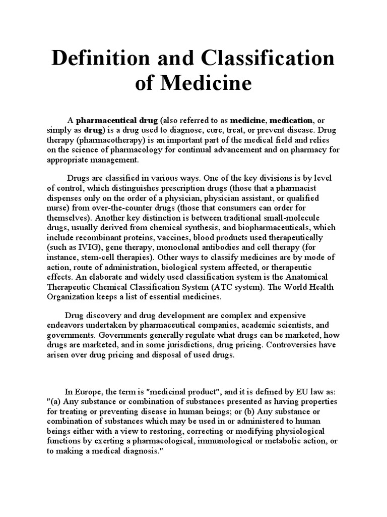 Definition and Classification of Medicine | PDF | Medicinal Chemistry ...