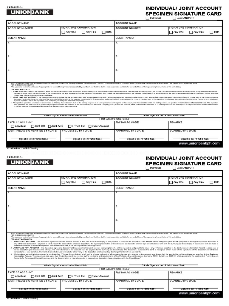 Individual or Joint Specimen Signature Card 07-31-2014 | PDF | Deposit ...