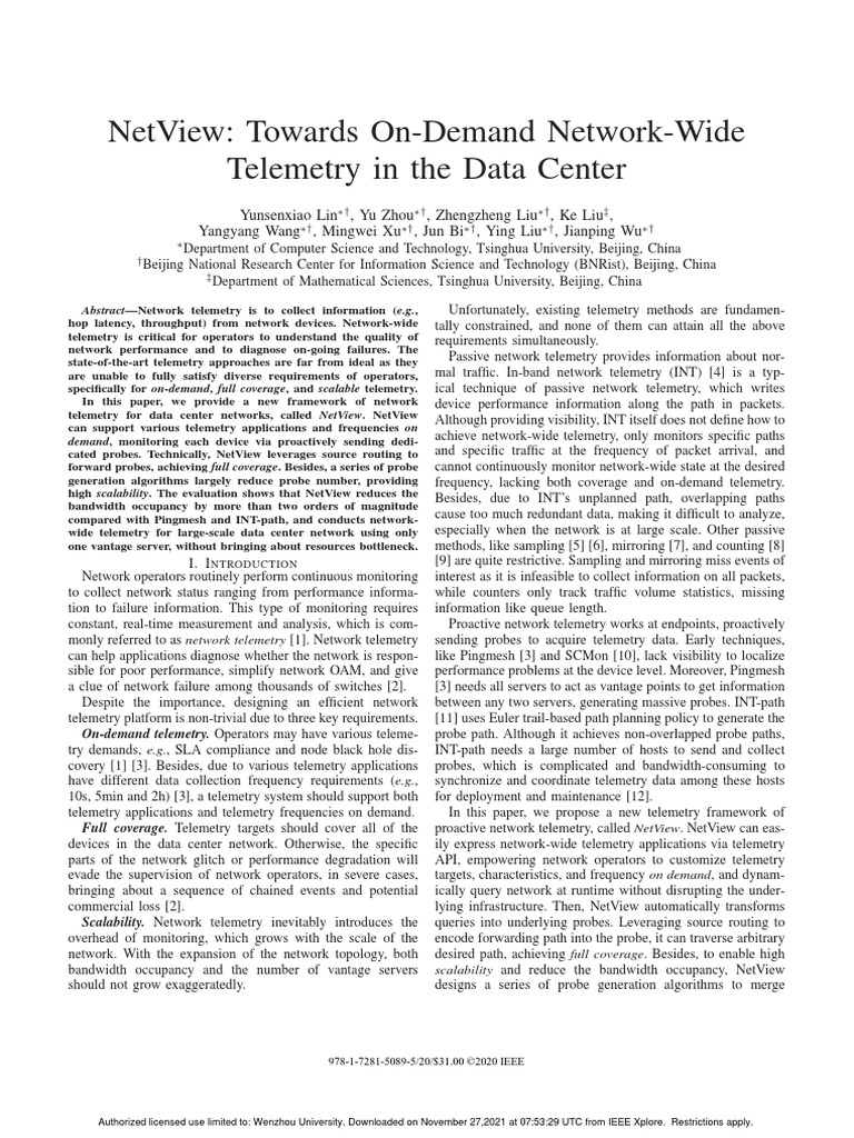 NetView - Towards On-Demand Network-Wide Telemetry in The Data Center | PDF | Computer Network ...
