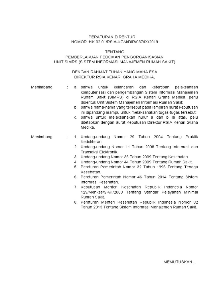 SK Pemberlakuan Pedoman Pengorganisasian UNIT SIMRS | PDF