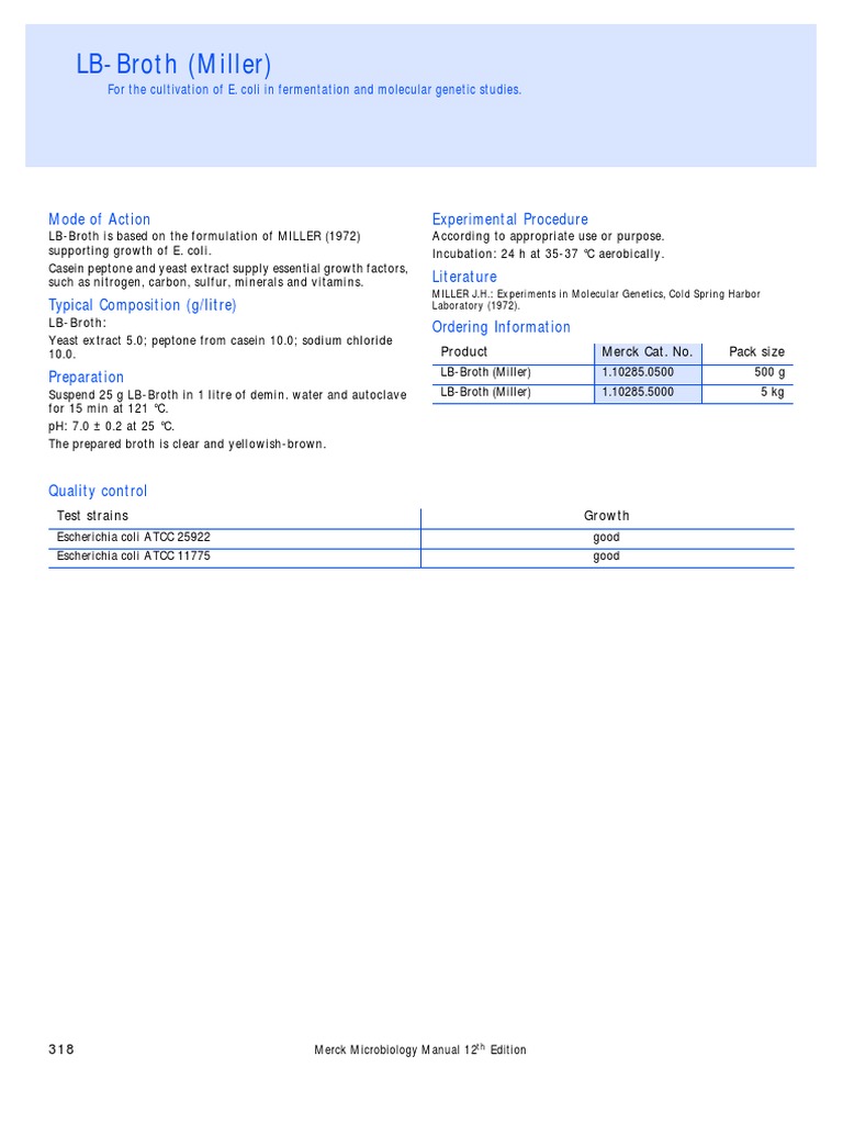 LB-Broth (Miller) : Mode of Action Experimental Procedure | PDF