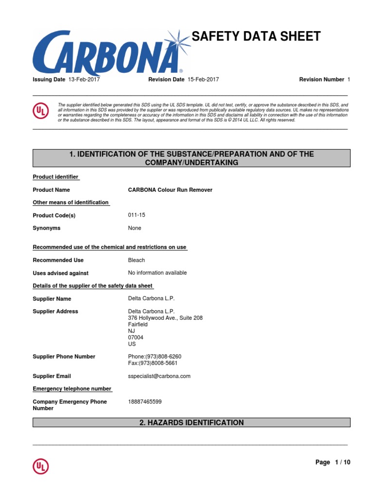 CARBONA Colour Run Remover SDS 13 Feb 2017 | PDF | Personal Protective Equipment | Superfund