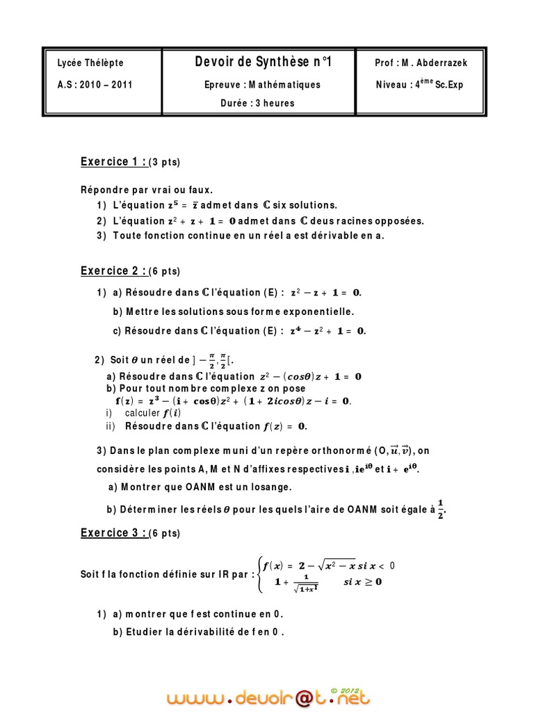 Devoir de Synthèse N°1 Lycée Pilote - Math - Bac Sciences Exp (2010-2011) MR Mhamdi Abderrazek ...