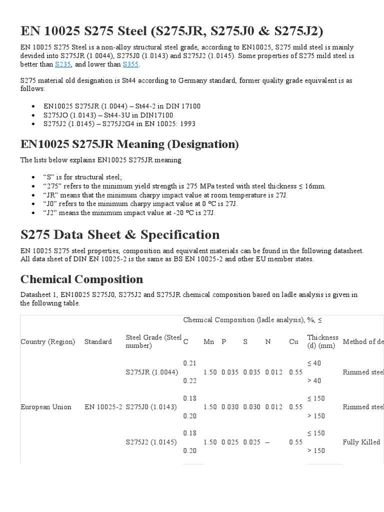 EN 10025 S275 Steel (S275JR, S275J0 & S275J2) | PDF | Steel | Strength ...