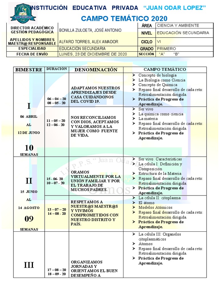 Campo Temático 2020 1ero Secundaria | PDF