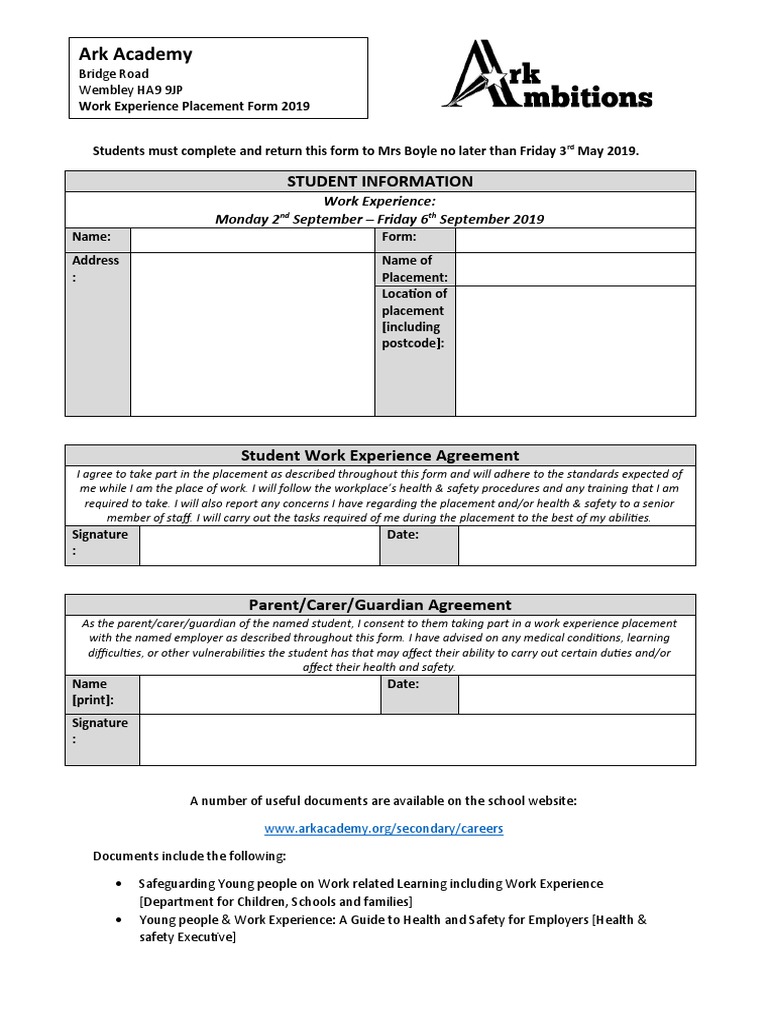 Work Experience Placement Form 2019 | PDF | Job Hunting | Internship