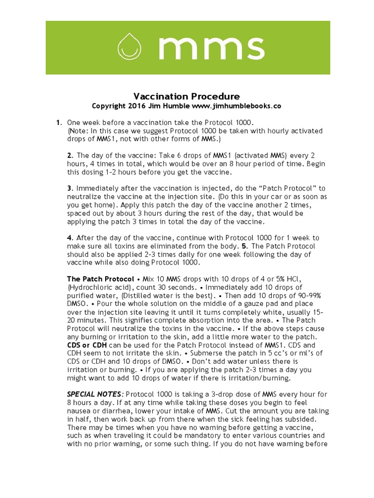 Vaccination Procedure Jim Humble MMS | PDF | Chemistry | Dose ...