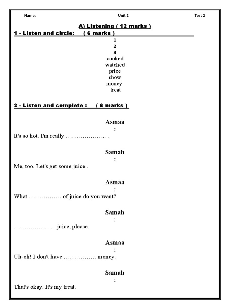 Time 4 English 5th U 2 Test 2 | PDF | Food And Drink