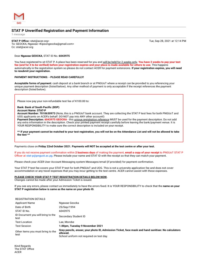 STAT P Unverified Registration and Payment Information: 1 Message | PDF ...