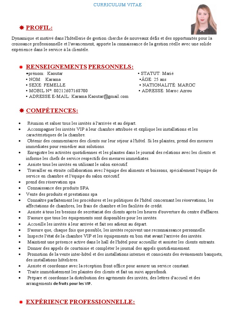 CV Réceptionniste Hôtellerie | PDF | Hôtel