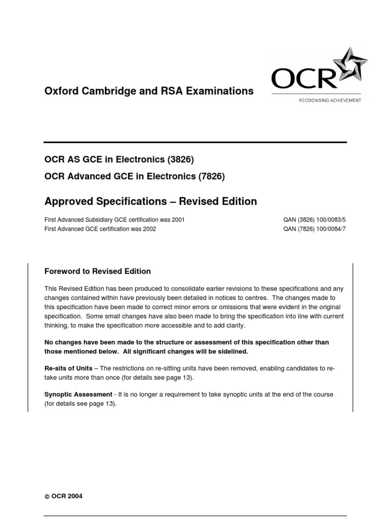 OCR Electronics Spec | PDF | Diode | Gce Advanced Level (United Kingdom)