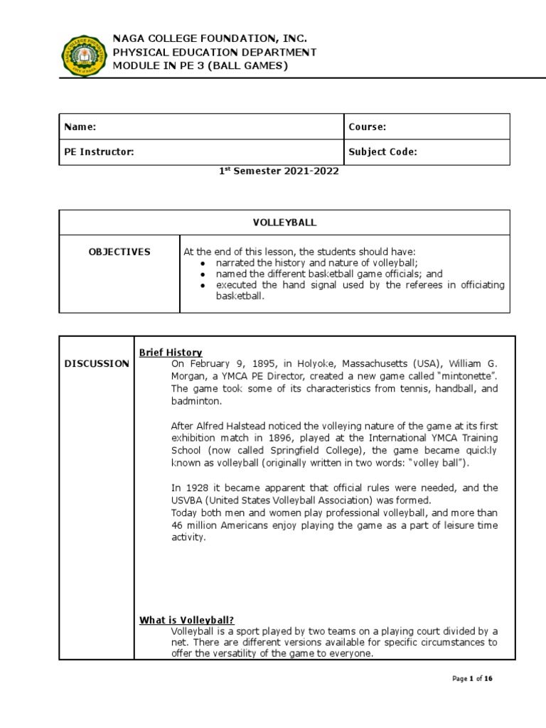 MODULE 1-Volleyball | PDF | Volleyball | Team Sports