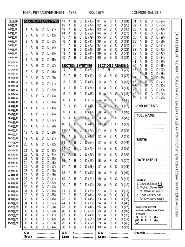 TOEFL PBT Answer Sheet Template | PDF | Standardized Tests | Languages