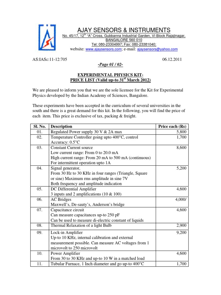 Ajay Sensors & Instruments: Experimental Physics Kit-PRICE LIST (Valid ...