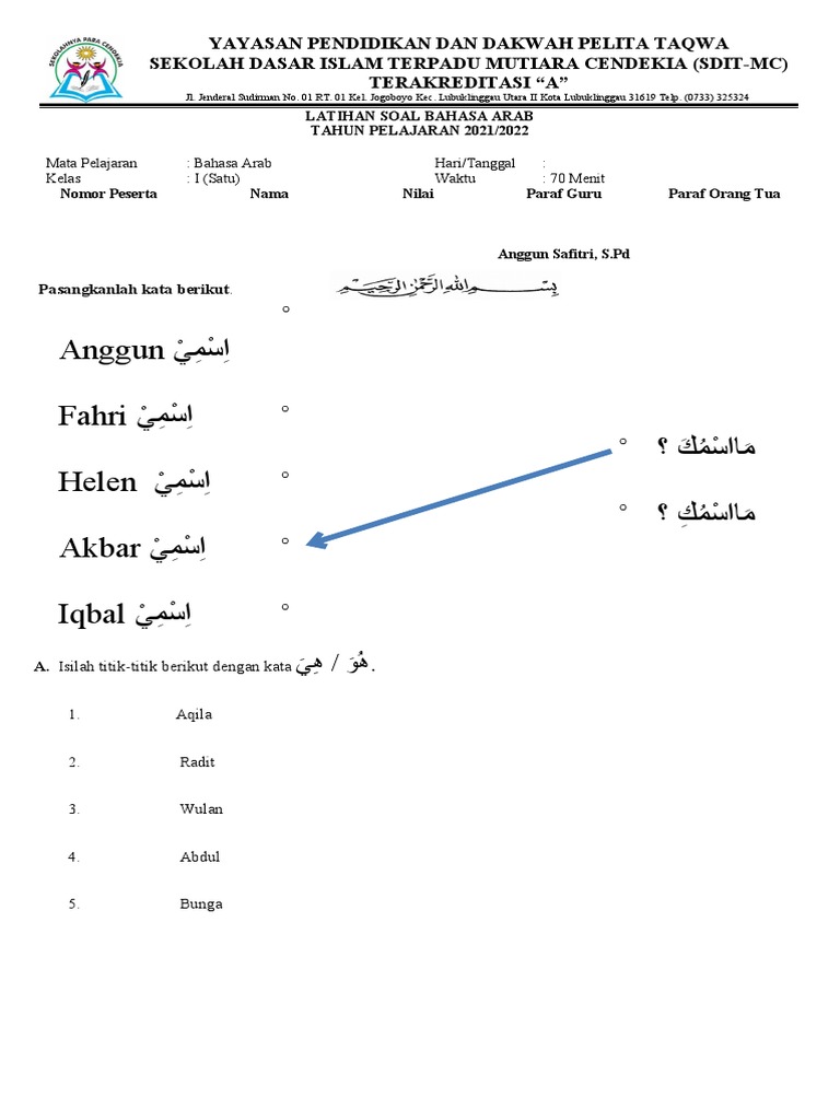 Latihan Soal B. Arab BAB Perkenalan ZIDAN | PDF