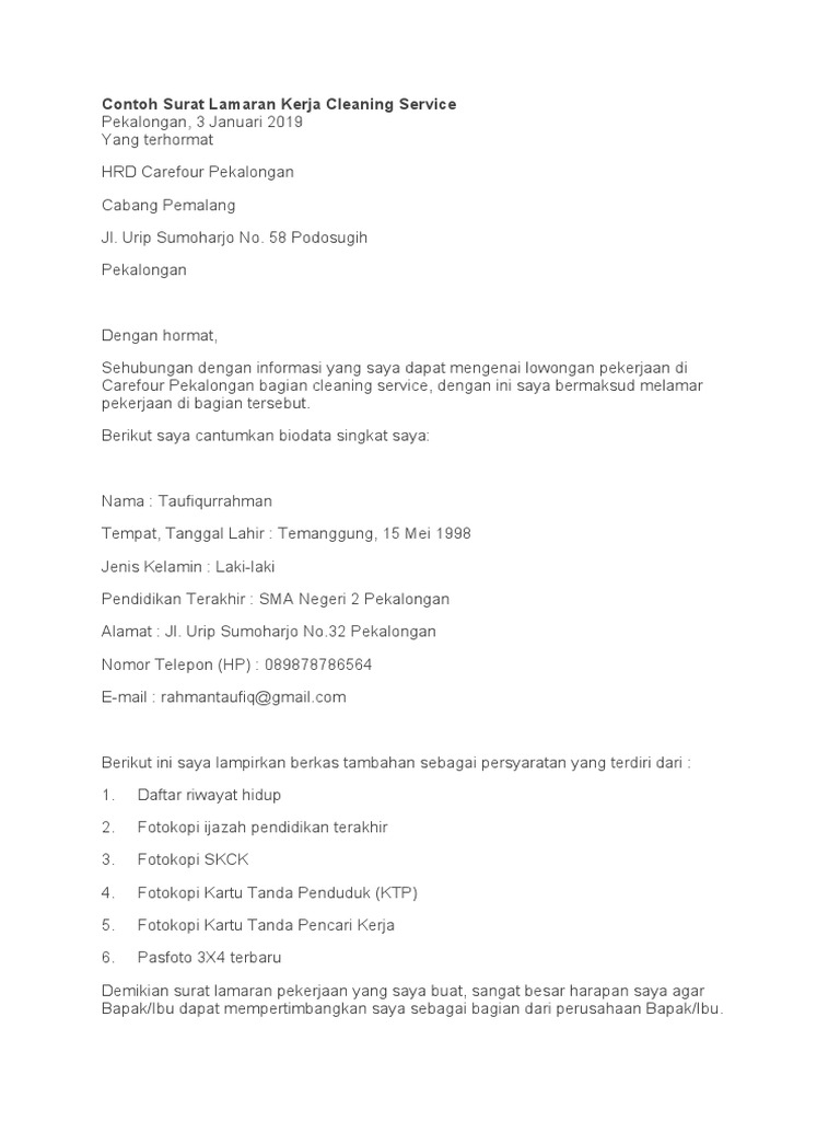 Contoh Word Surat Lamaran Kerja Cleaning Service | PDF