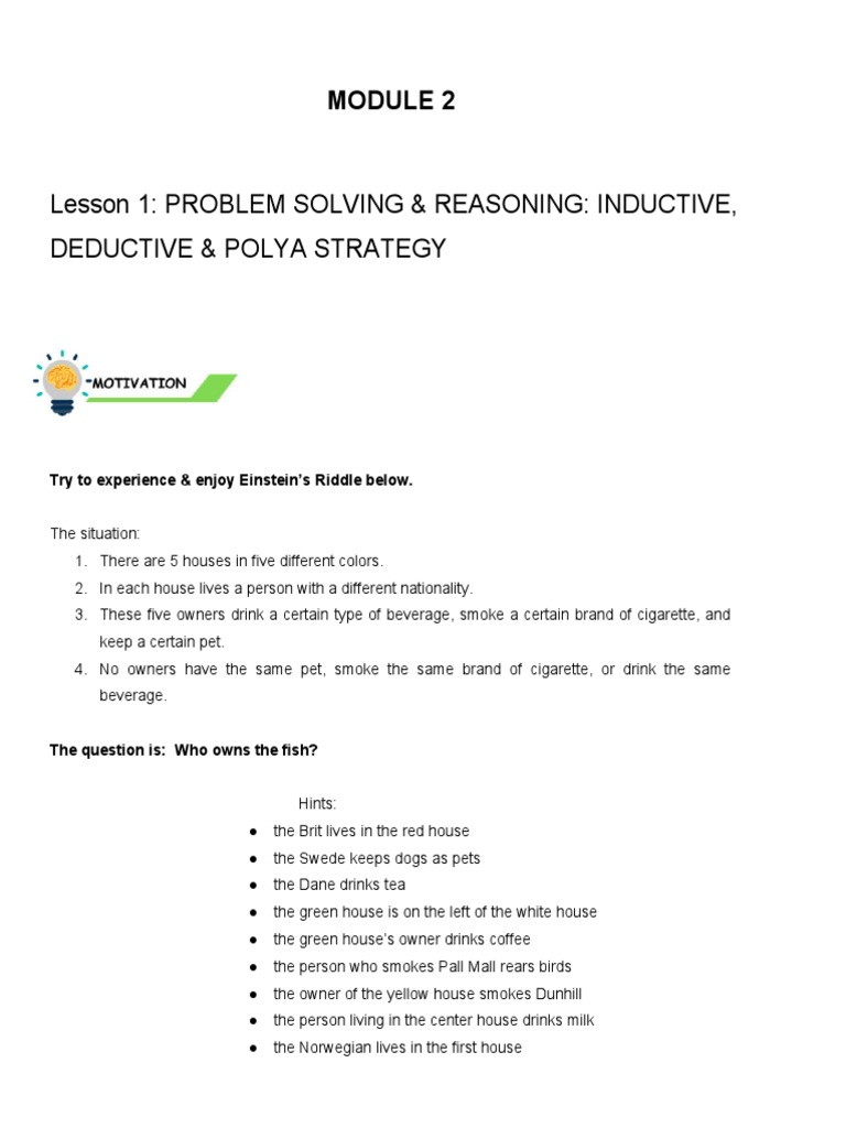 Lesson 1: Problem Solving & Reasoning: Inductive, Deductive & Polya Strategy | Download Free PDF ...