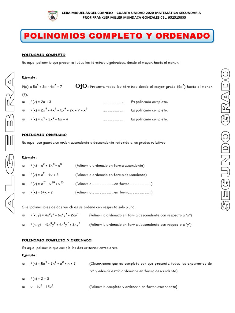 Conceptos básicos sobre polinomios completos, ordenados y completos y ordenados | PDF | Álgebra ...