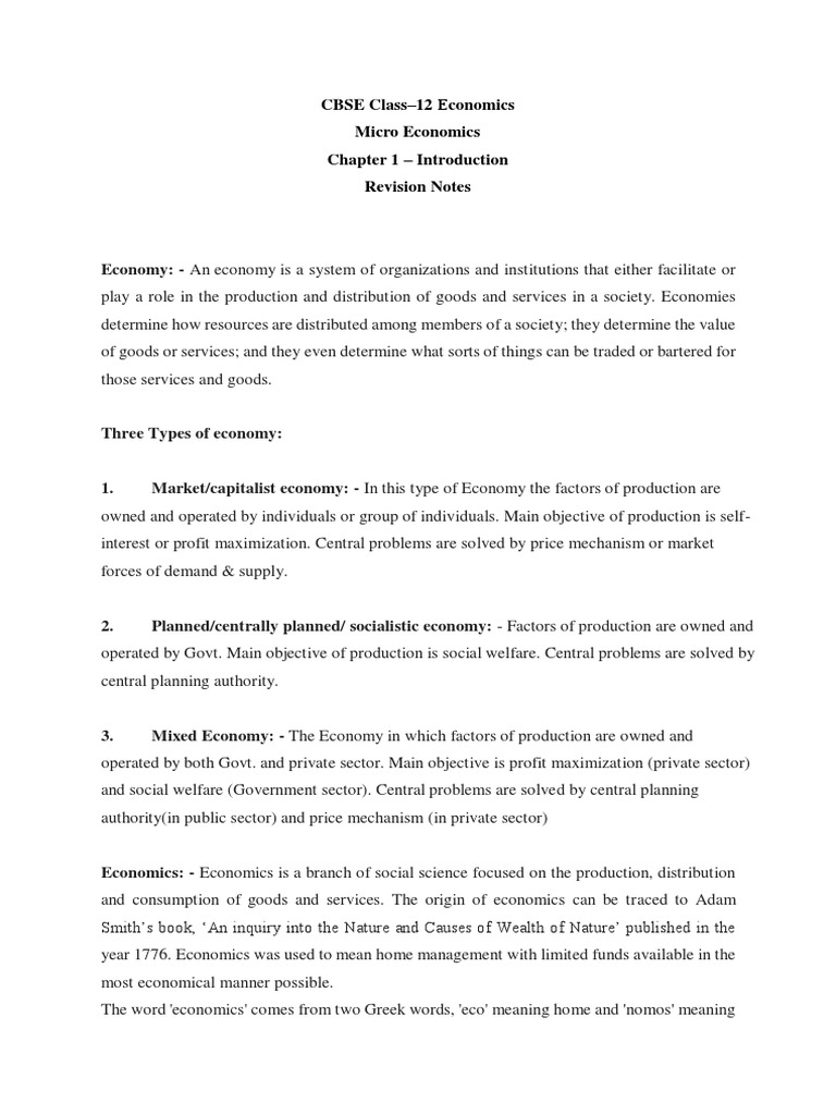 CBSE Class-12 Economics Micro Economics Chapter 1 - Introduction ...