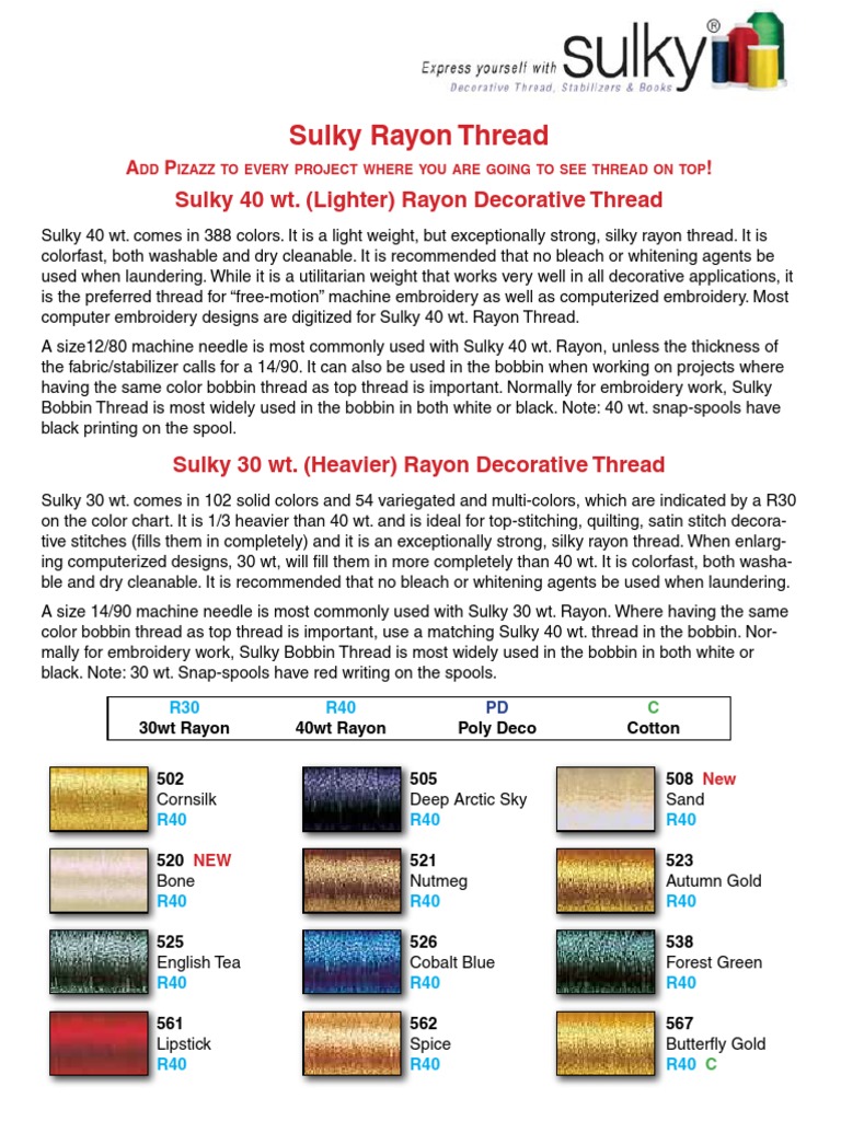 A Comprehensive Guide to Sulky Rayon Thread Colors and Weights for ...