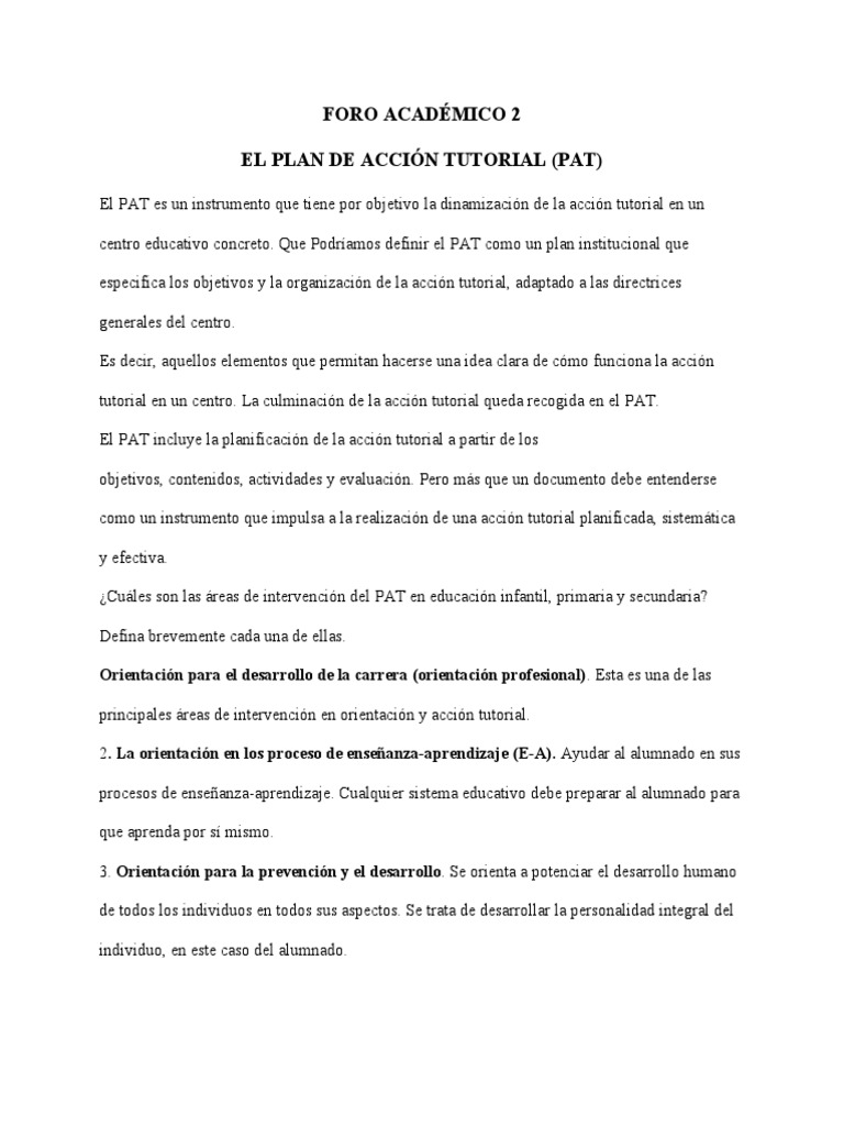El Plan De Acción Tutorial Pat Pdf Cognición Aprendizaje