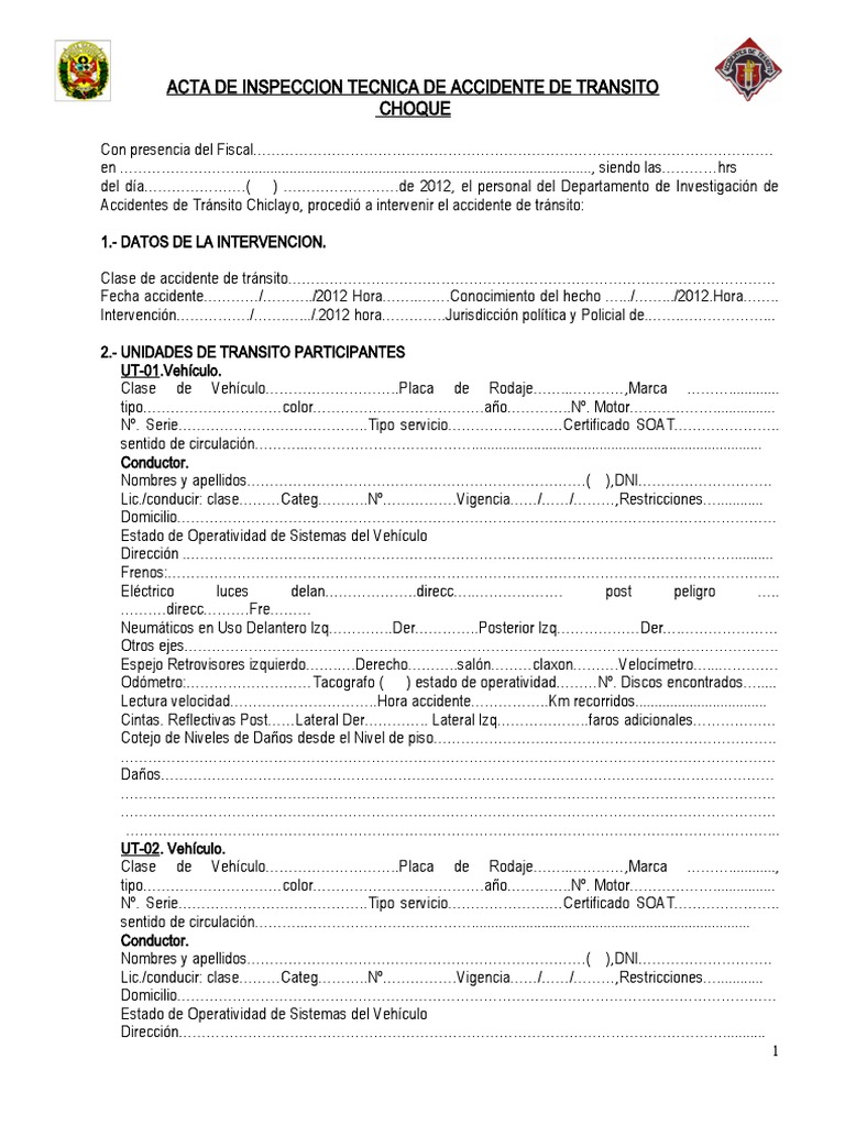 Acta de Inspección de Accidente Vehicular | PDF | Accidente de tráfico | Vehículos terrestres