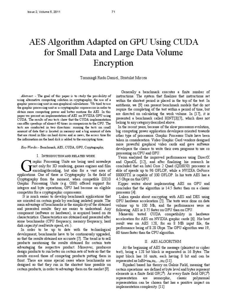 Aes Algorithm Adapted On Gpu Using Cuda For Small Data And Large Data Volume Encryption Pdf 0709