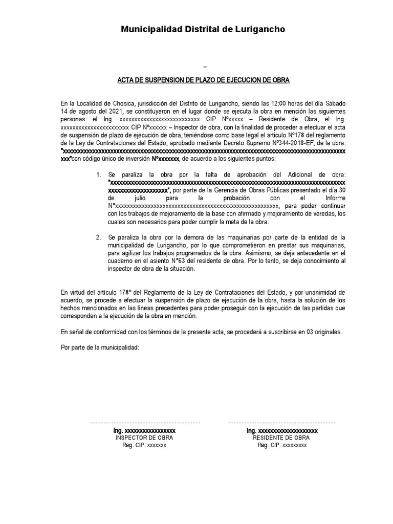 ACTA DE SUSPENSION DE PLAZO DE EJECUCION DE OBRA-modelo | PDF | Gobierno | Justicia