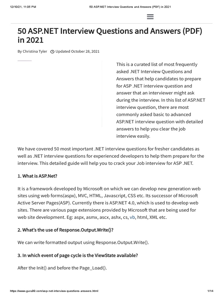 50 ASP - NET Interview Questions and Answers (PDF) in 2021 | PDF ...