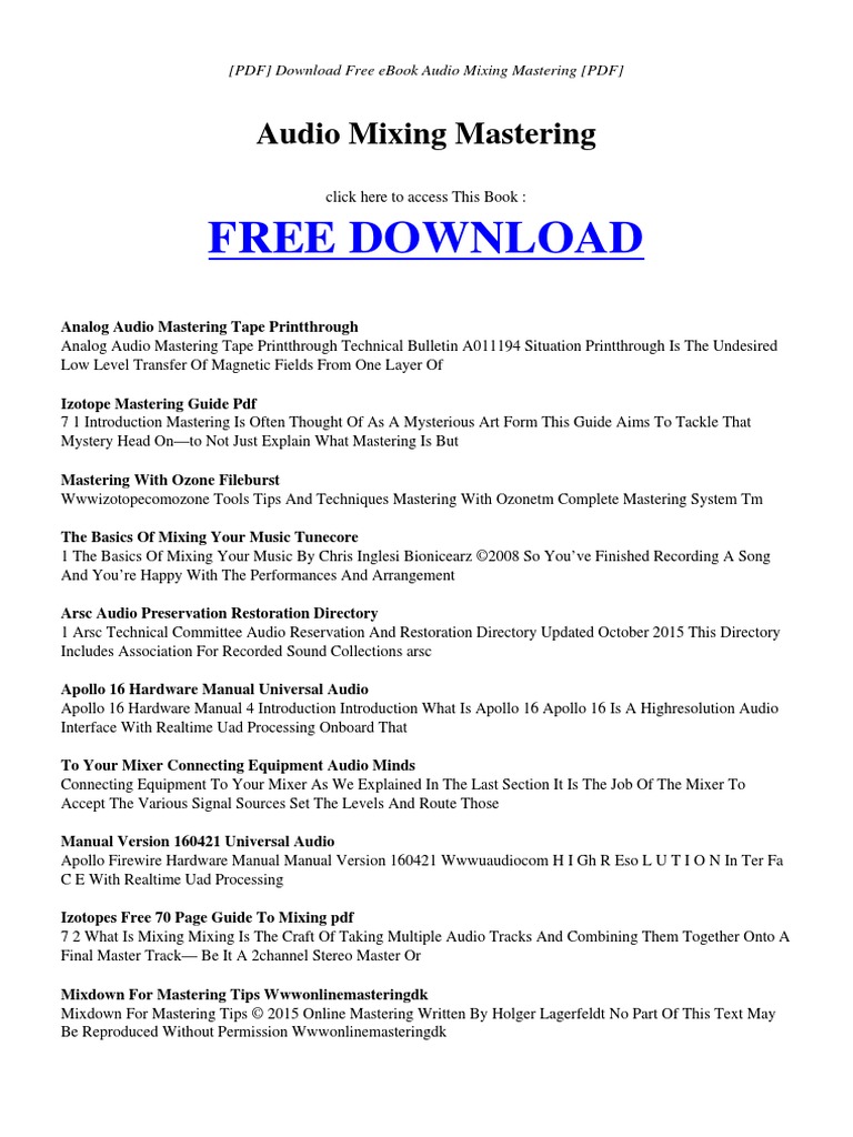 Audio Mixing Mastering PDF Free | PDF | Sound Recording And ...